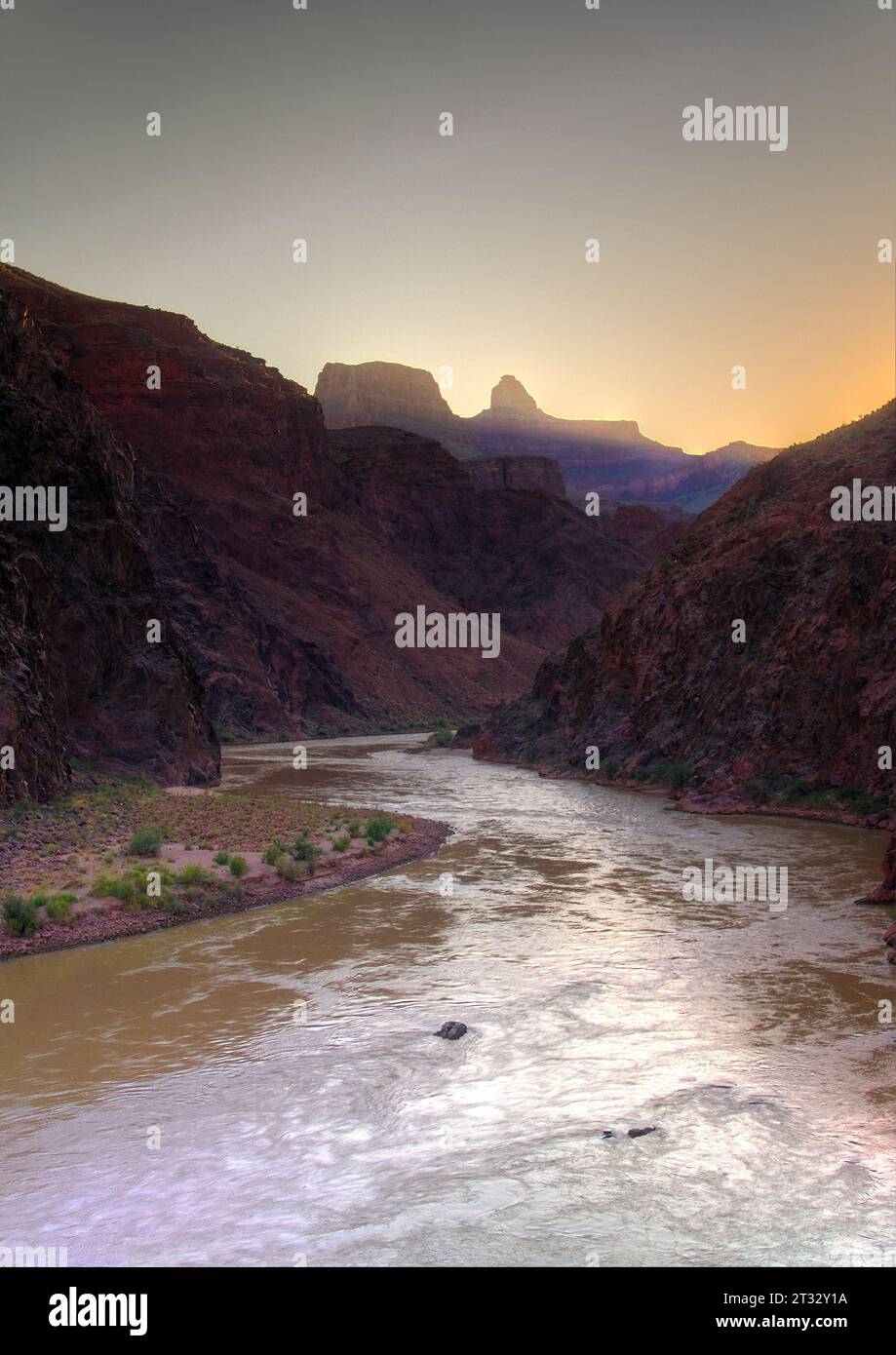 Colorado River Flowing Through Grand Canyon During Sunrise Stock Photo ...