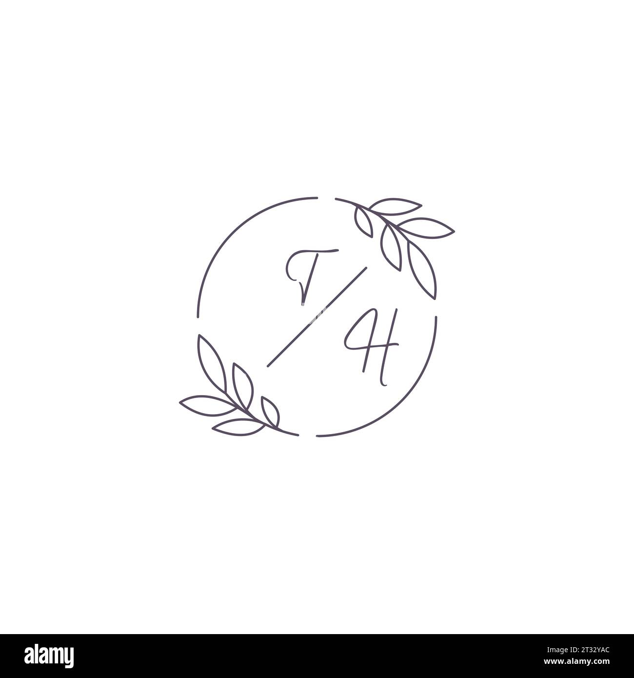 Initials TH monogram wedding logo with simple leaf outline and circle ...