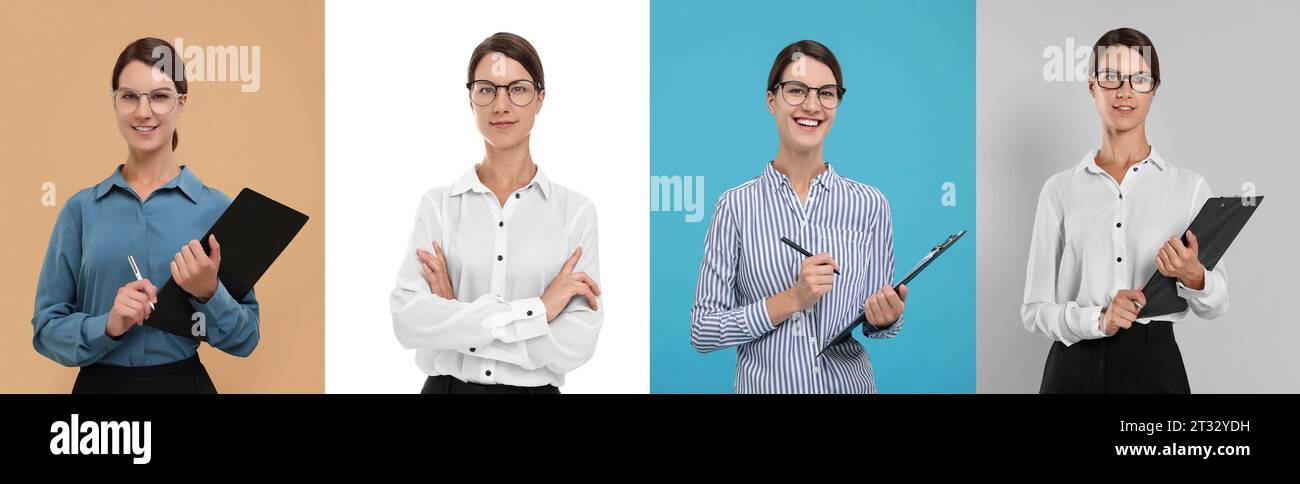 Collage with photos of beautiful secretary on different color ...