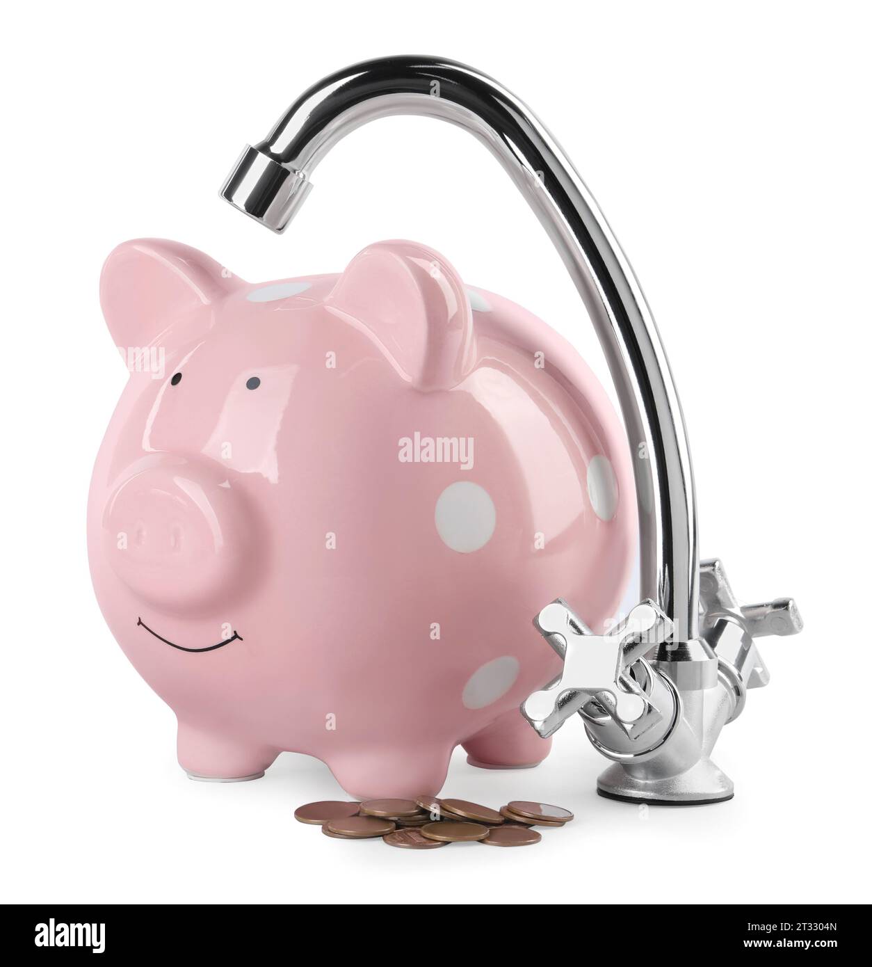 Water scarcity concept. Piggy bank, tap and coins isolated on white ...