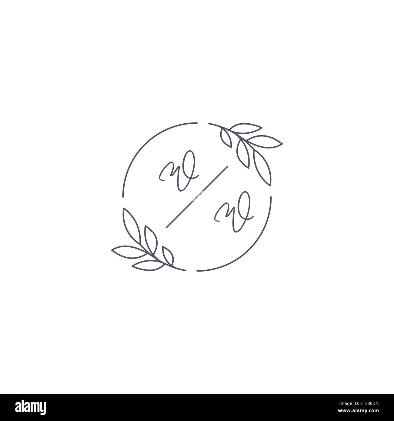 Initials WW monogram wedding logo with simple leaf outline and circle ...