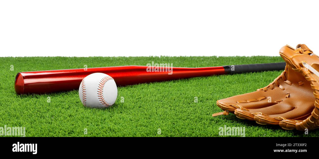 Baseball bat, ball and catcher's mitt on artificial grass against white ...