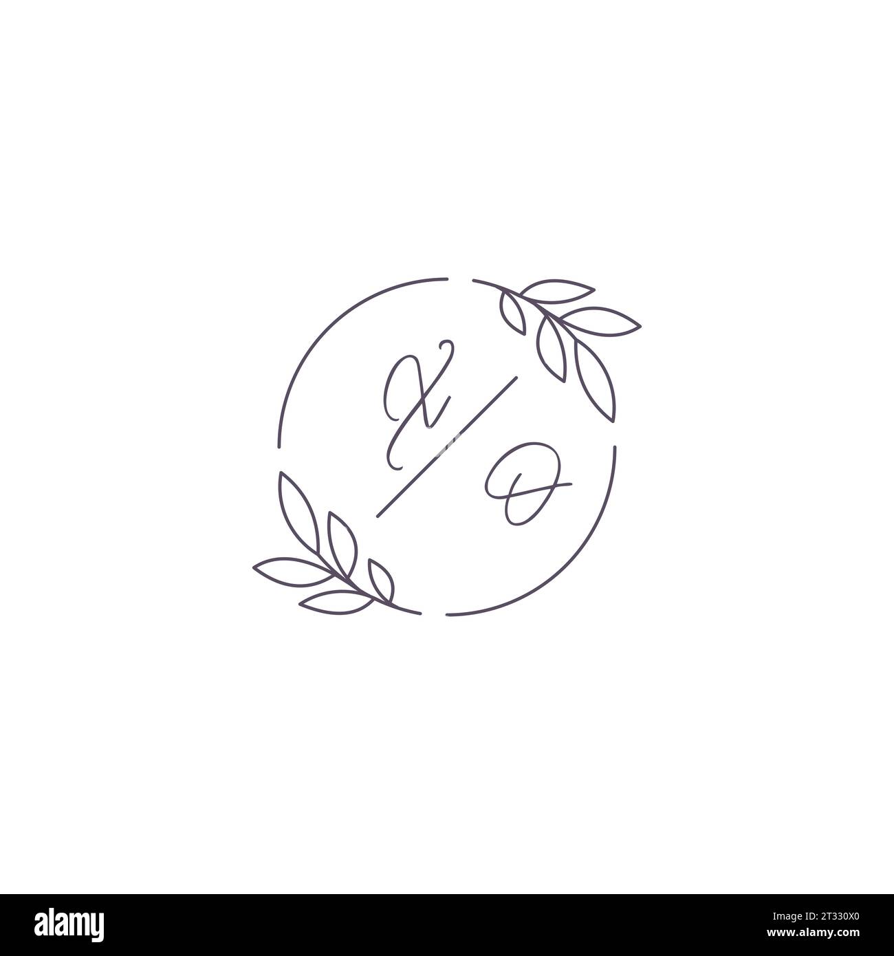Initials XO monogram wedding logo with simple leaf outline and circle ...