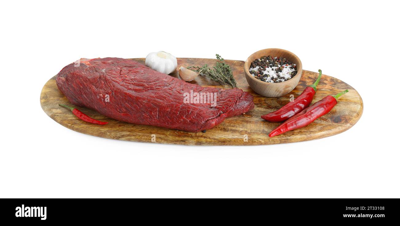 Piece of raw beef meat, products and spices isolated on white Stock ...
