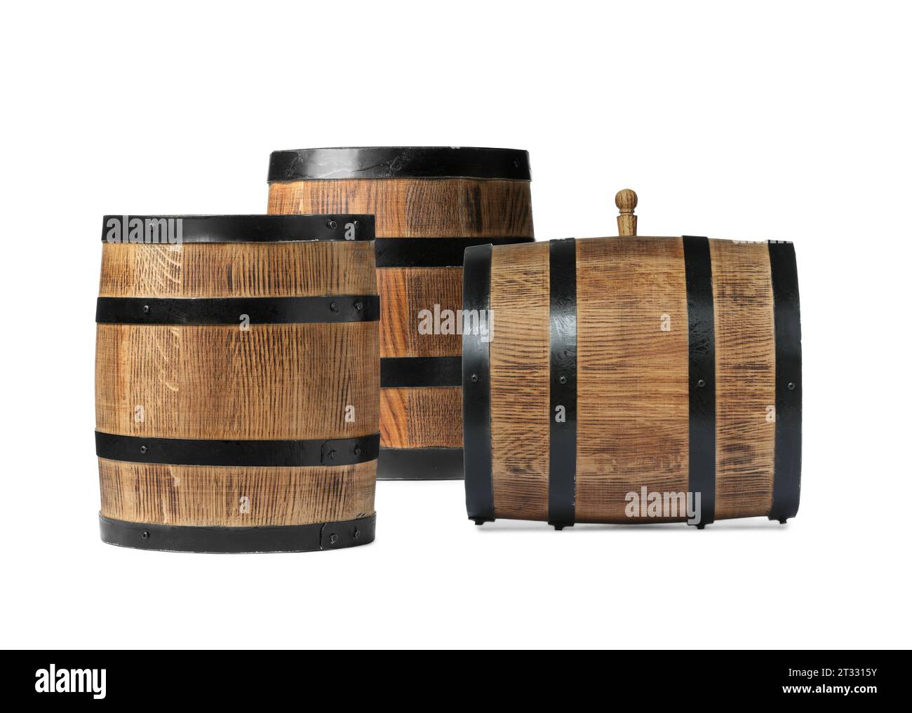 Set of many wooden barrels on white background Stock Photo - Alamy