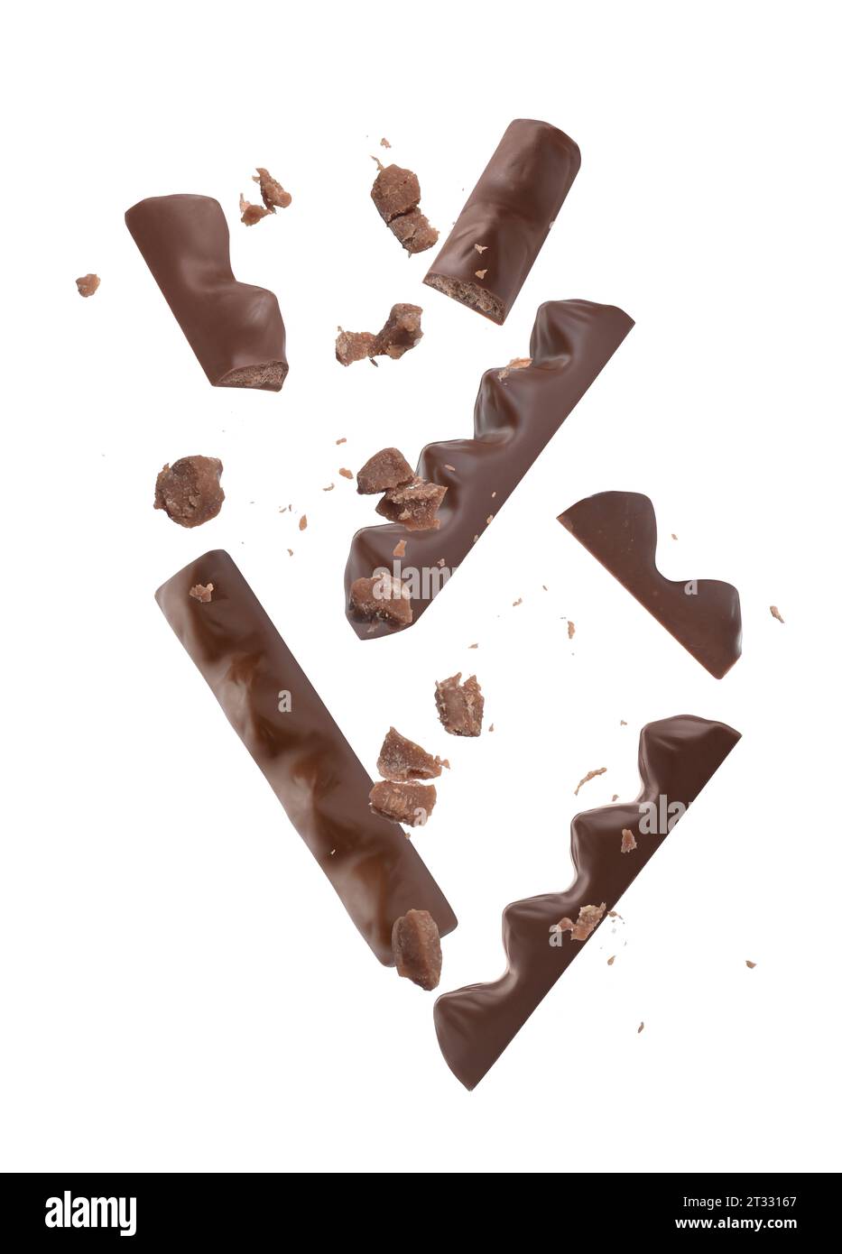 Tasty chocolate bars falling on white background Stock Photo - Alamy