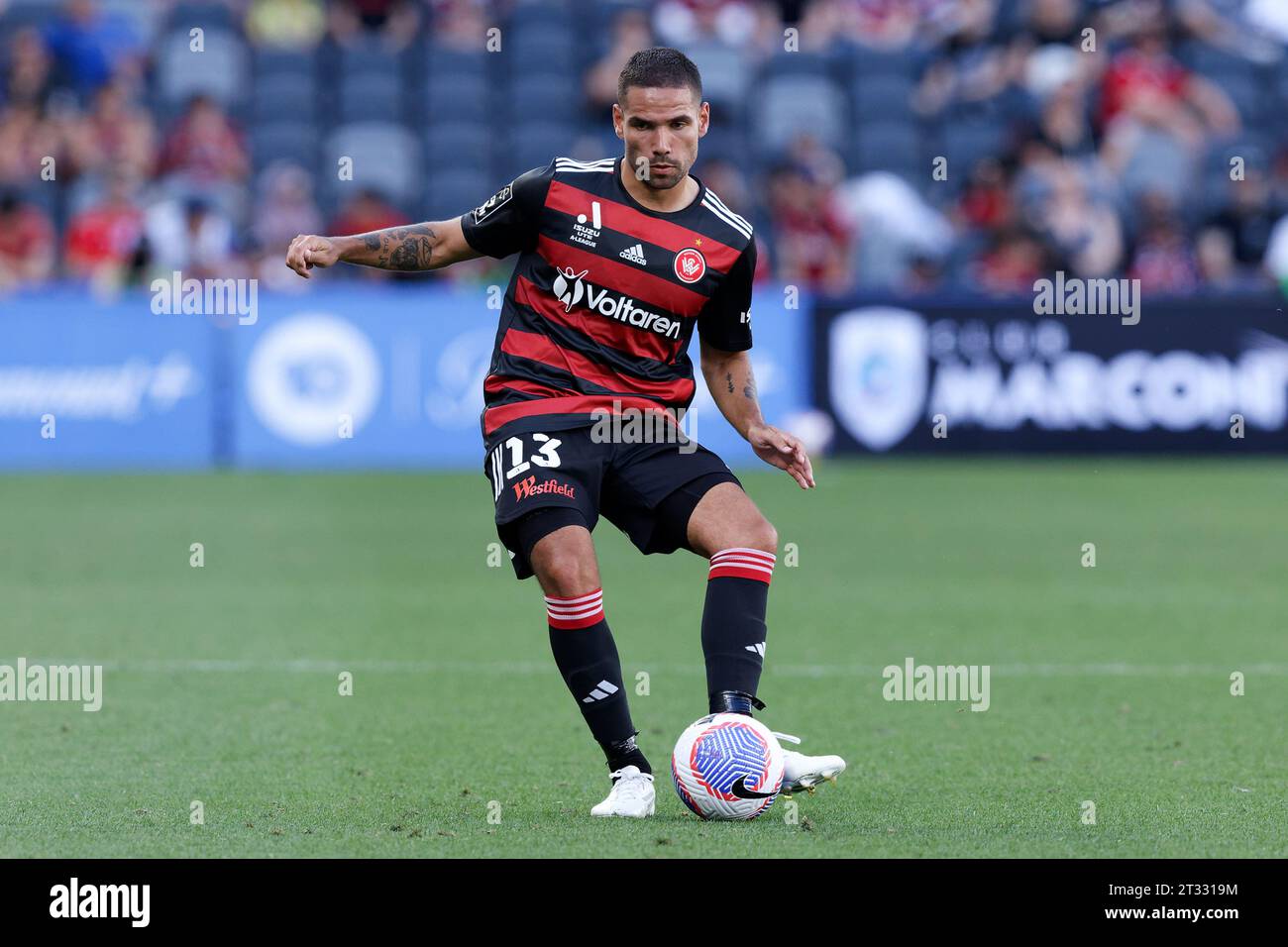 Sydney, Australia. 22nd Oct, 2023. Tate Russell of the Wanderers passes ...