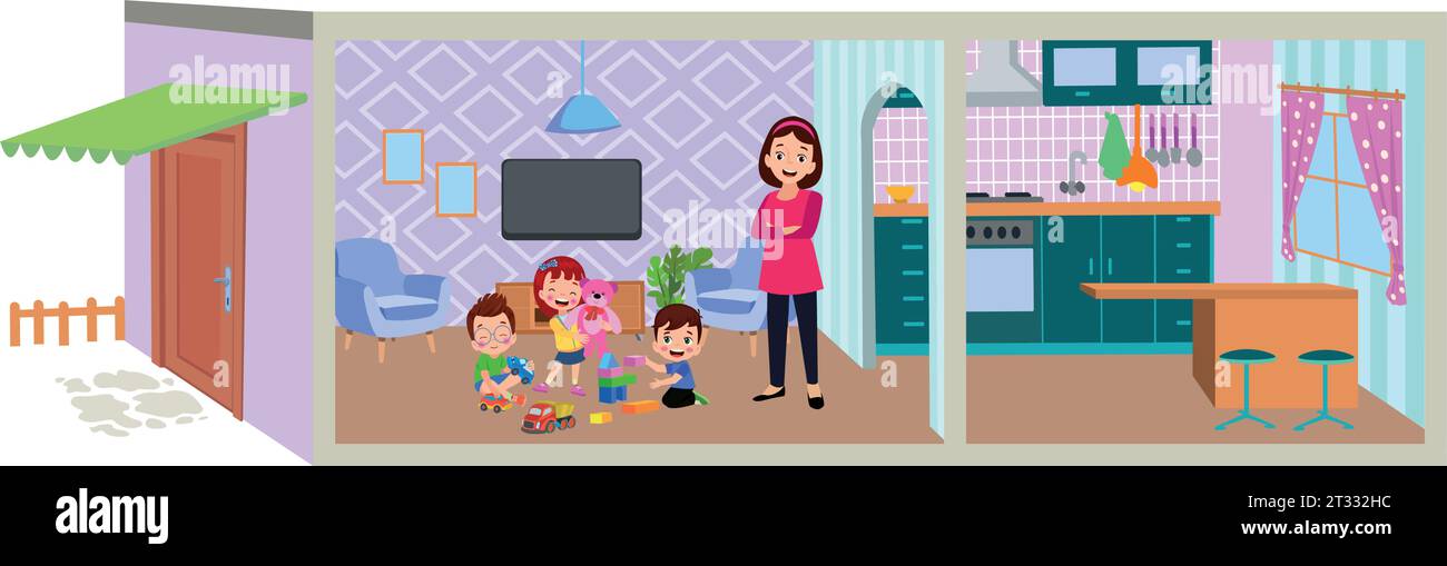 One cut cartoon house and children Stock Vector Image & Art - Alamy