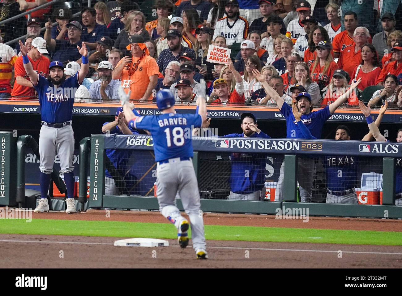 Texas Rangers' Mitch Garver reacts after hitting a home run during the second inning of Game 6 ...