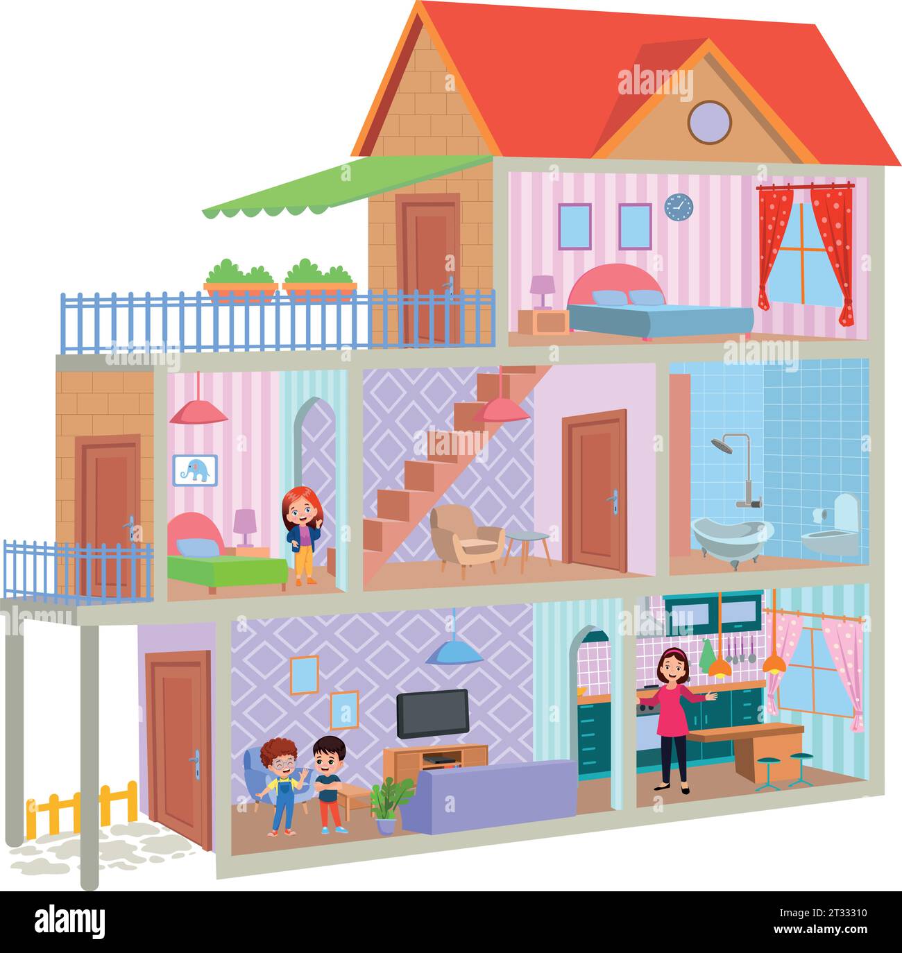 One cut cartoon house and children Stock Vector Image & Art - Alamy