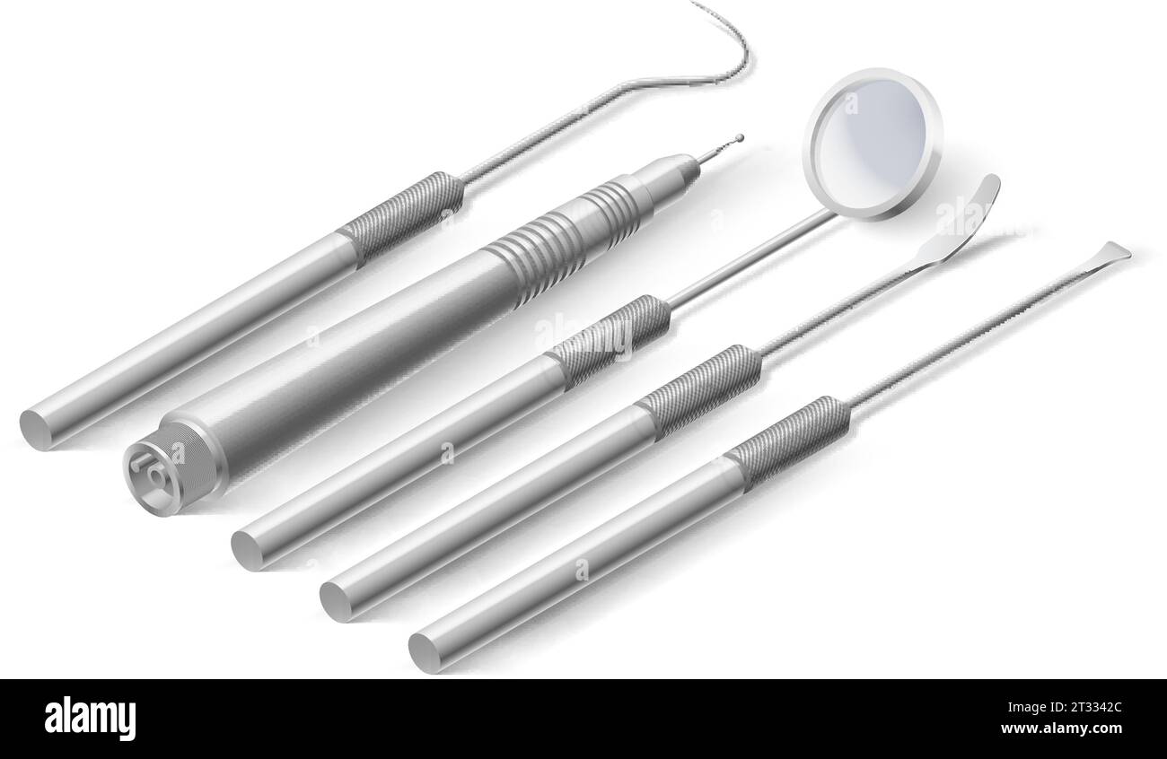 Basic Dentist Instruments and Tools. An Isometric Set of Metal Medical ...