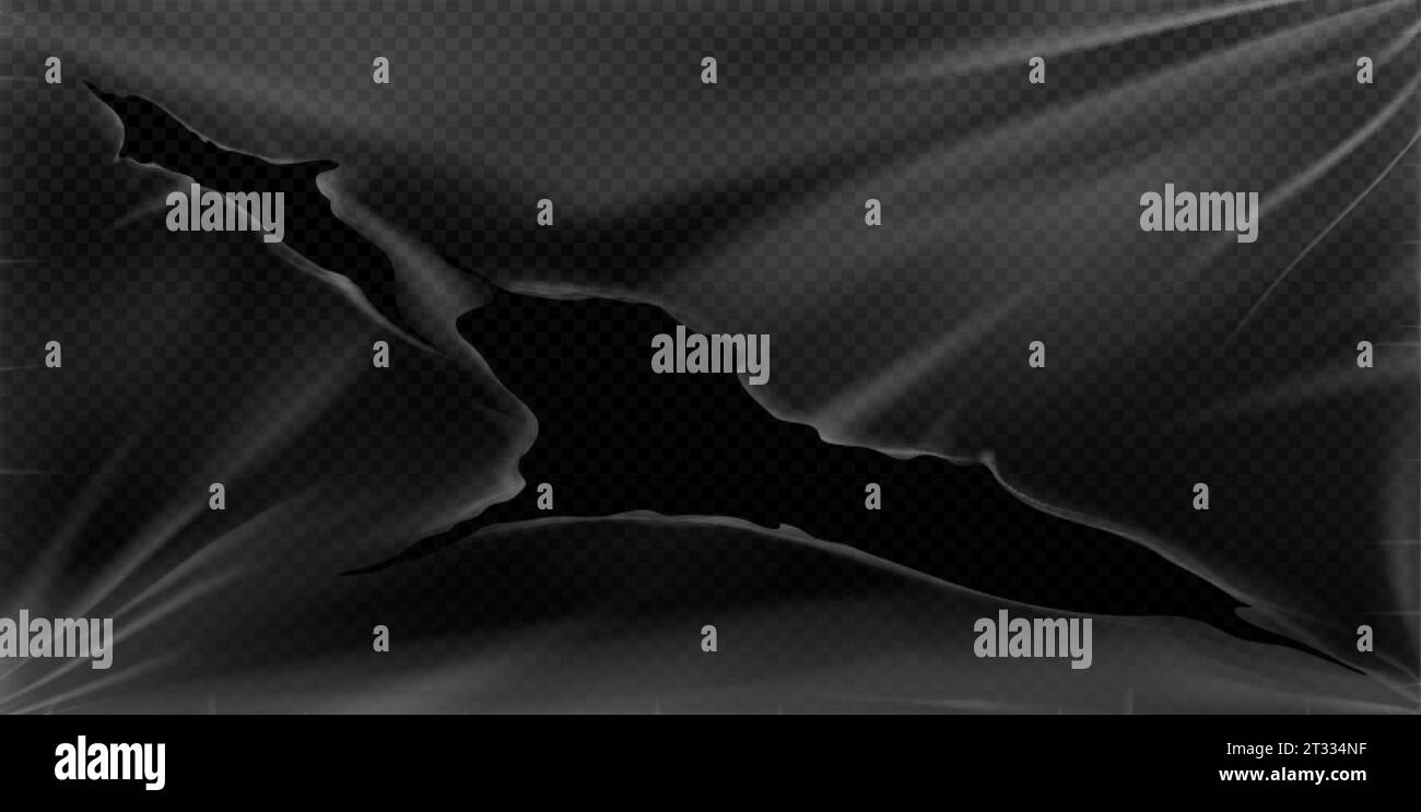 Torn vinyl cover texture with shrink and hole. Realistic vector mockup ...