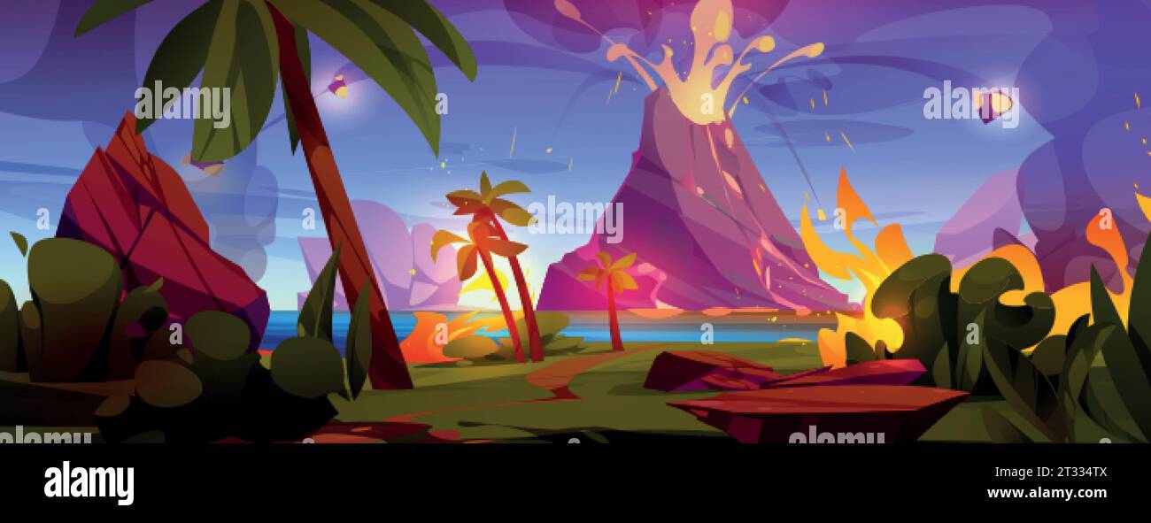 Volcano eruption landscape cartoon background scene. Prehistoric active ...