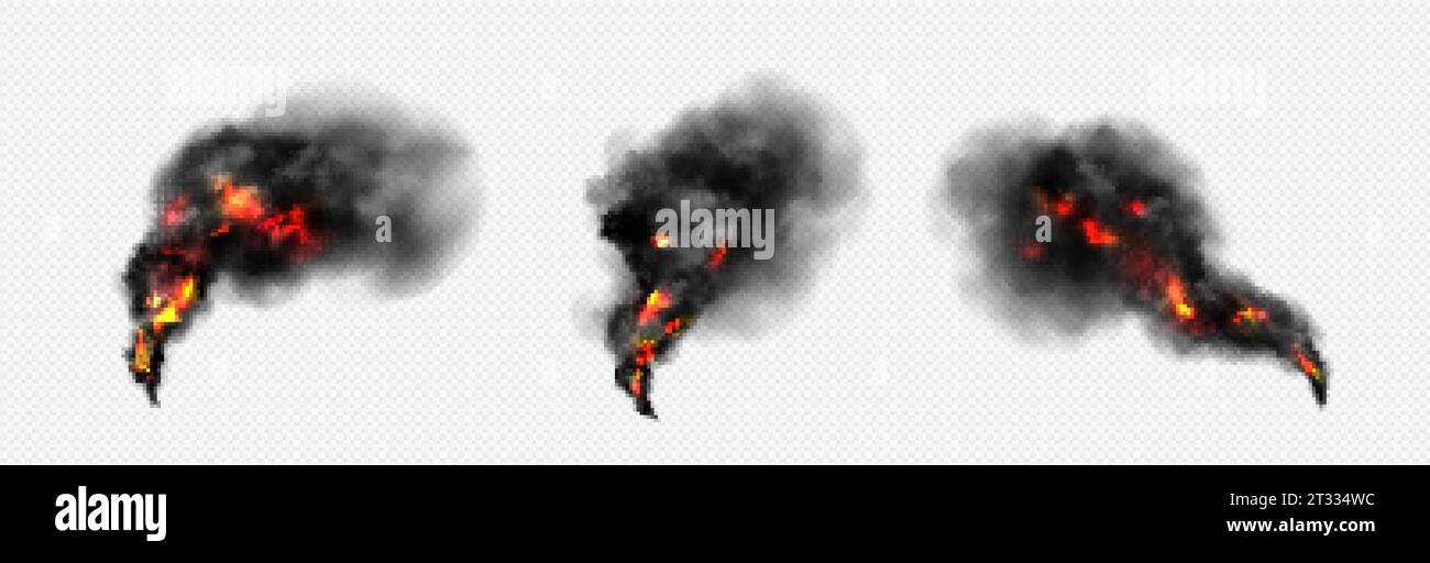 Dark black cloud smoke with fire vector effect. Isolated realistic ...