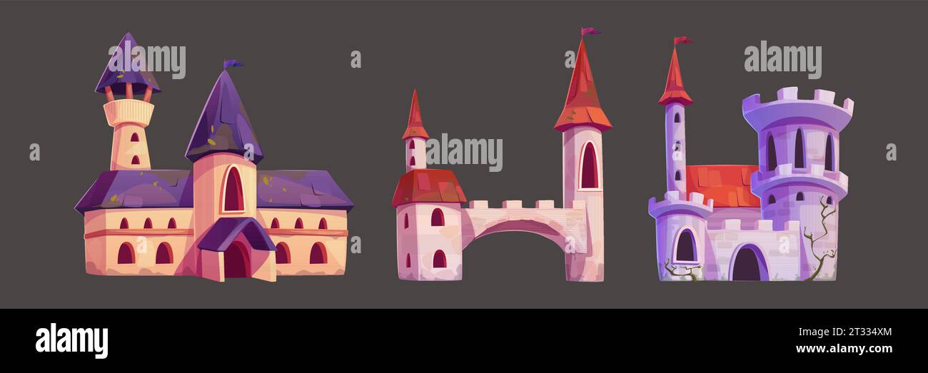 Medieval fairytale castle tower cartoon vector. Dirty fantasy kingdom palace icon set. Magic ...