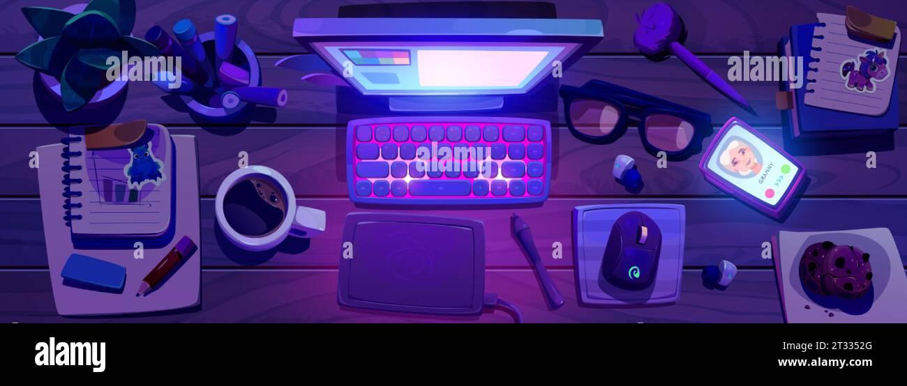 Top view of designer workspace at night. Vector cartoon illustration of ...