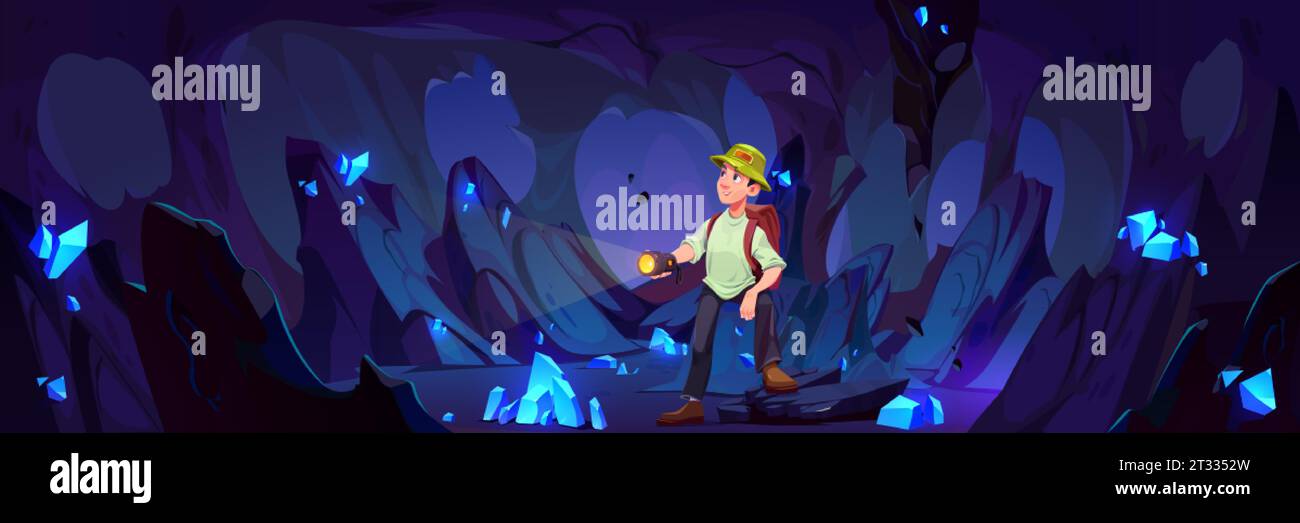 Man looking for crystal treasure inside mine cave cartoon background ...