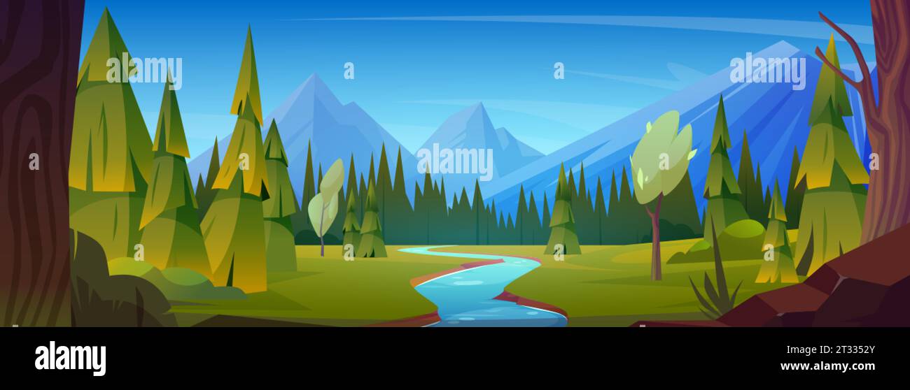 Summer or spring landscape with mountains, forest and river. Cartoon ...