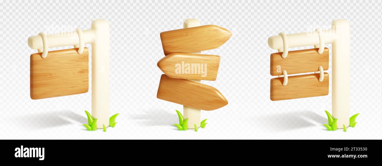 Set of 3D wooden signboards on poles isolated on transparent background ...
