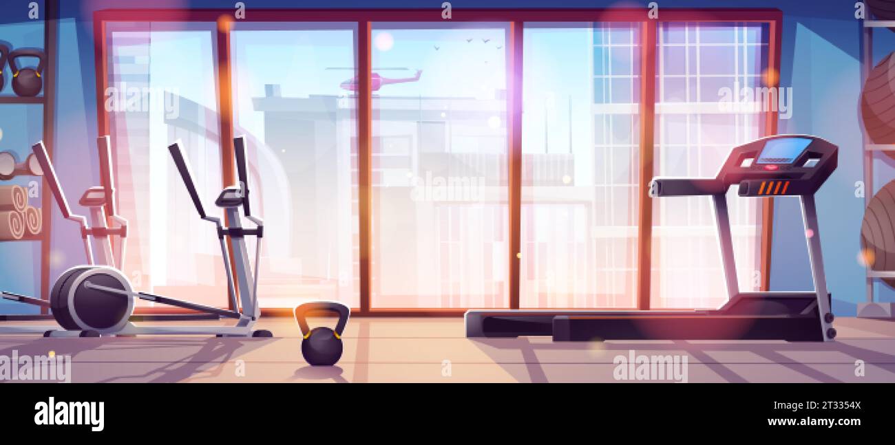 Fitness gym room interior with sport equipment vector background ...