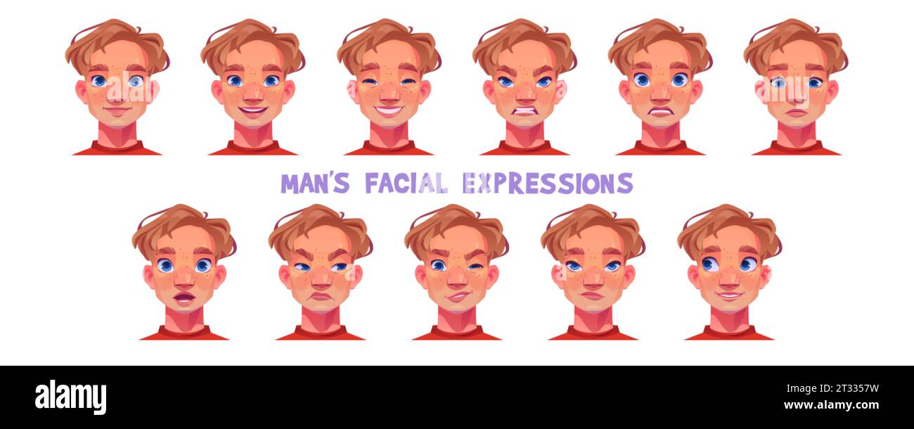 Young guy facial expression cartoon vector set. Adult man face with ...