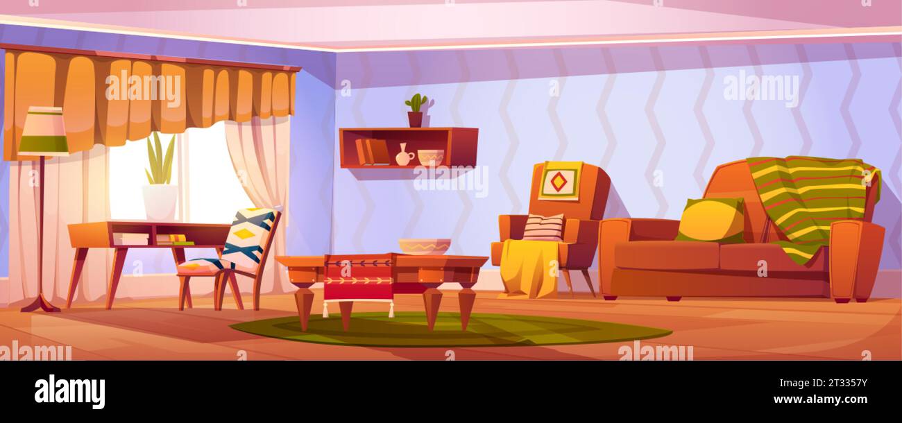 Home living room interior with sofa and furniture cartoon background ...