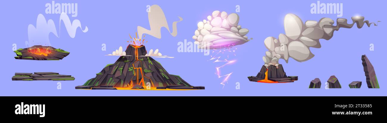 Set of volcanic landscape design elements. Vector cartoon illustration ...
