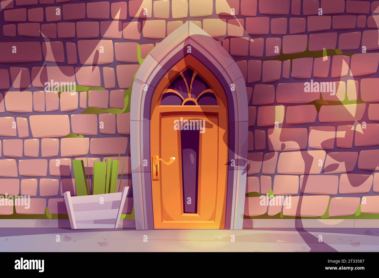 Old stone building wall with wooden door. Vector cartoon illustration ...