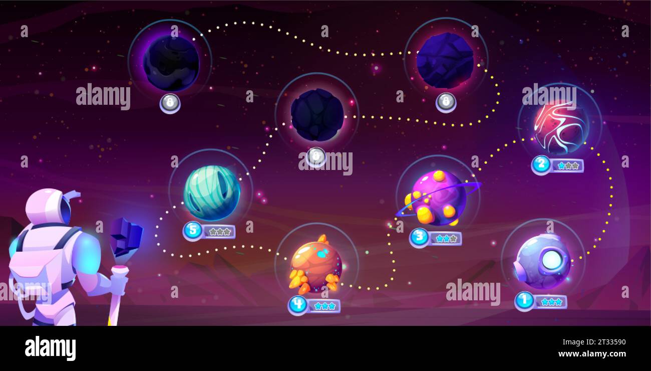 Space game level map with alien planets on dotted route to finish line. Cartoon vector ...