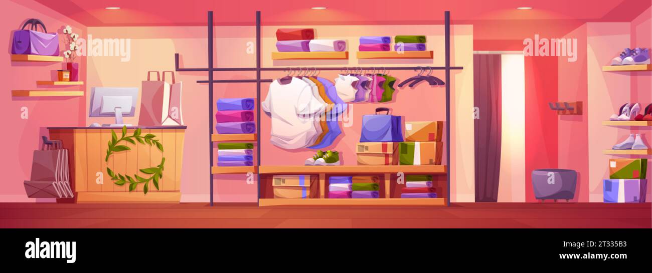 Fashion cloth boutique interior. Wardrobe shop room inside vector ...