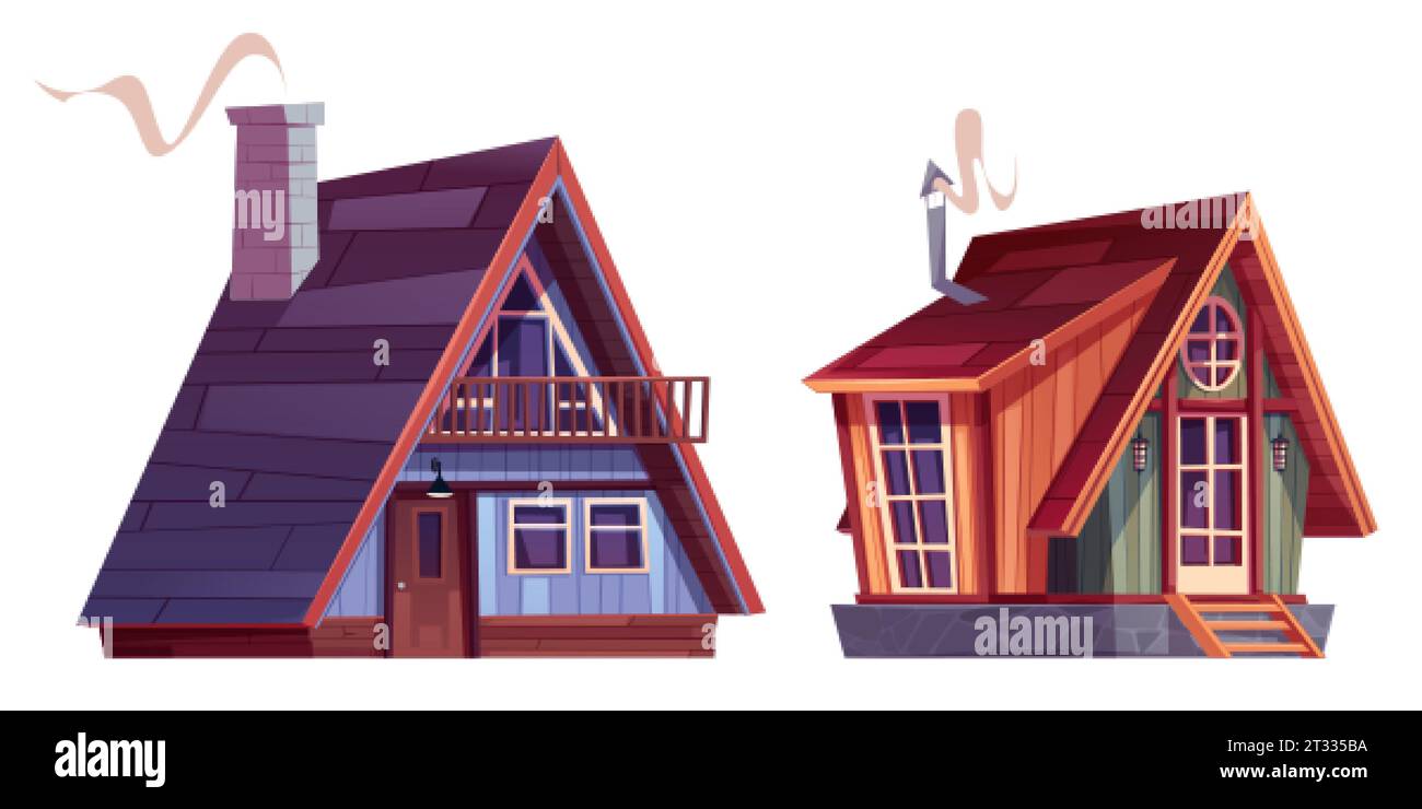 Set of wooden chalet houses isolated on white background. Vector ...