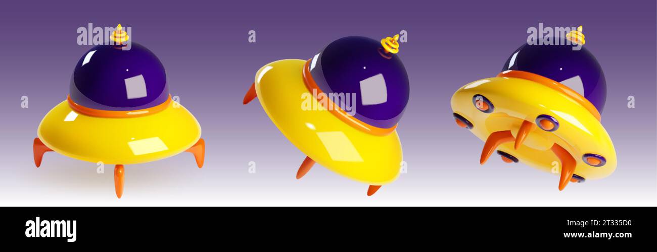 3D cartoon flying alien spaceship. Realistic vector illustration set of ...