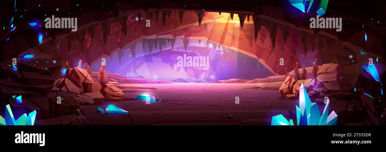 Large cave with gemstones on walls. Vector cartoon illustration of ...