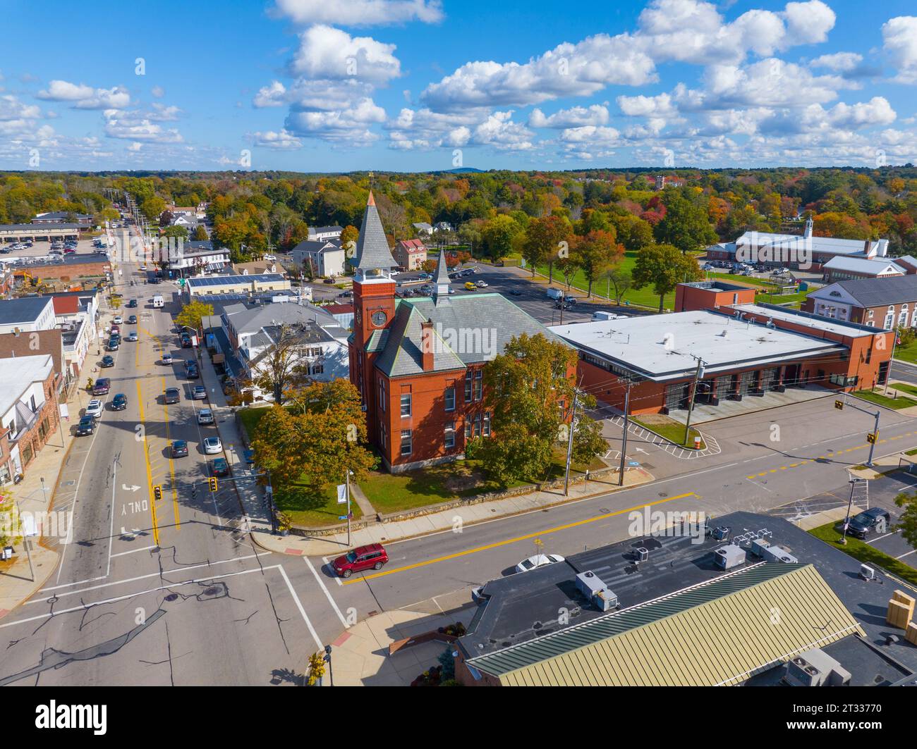 Old Town Hall aerial view at 980 Main Street in historic town center of ...