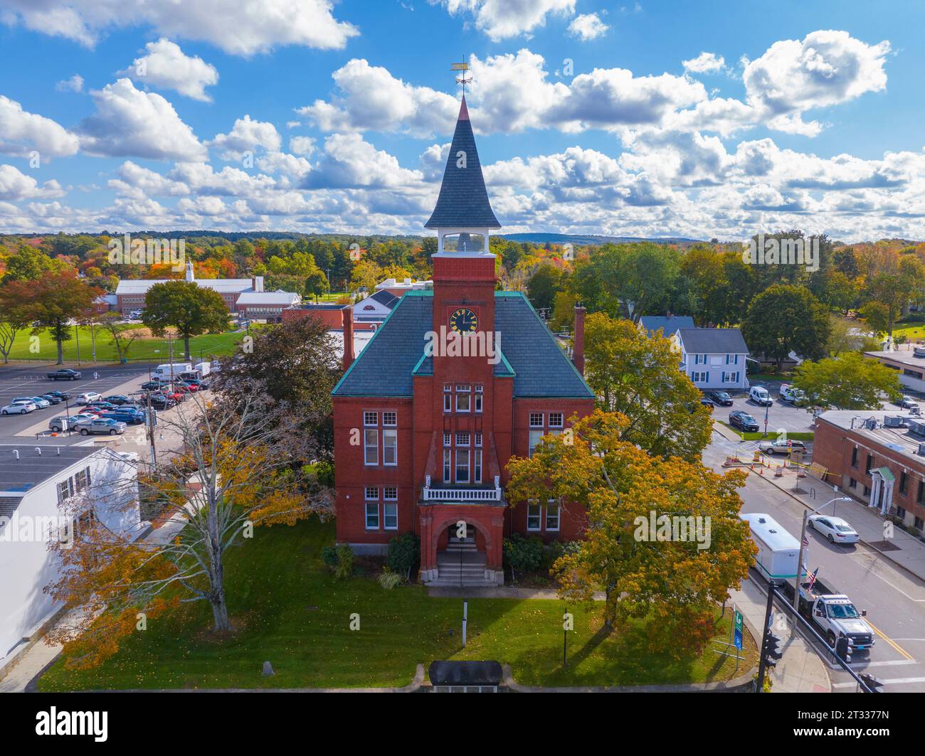 Old Town Hall aerial view at 980 Main Street in historic town center of ...