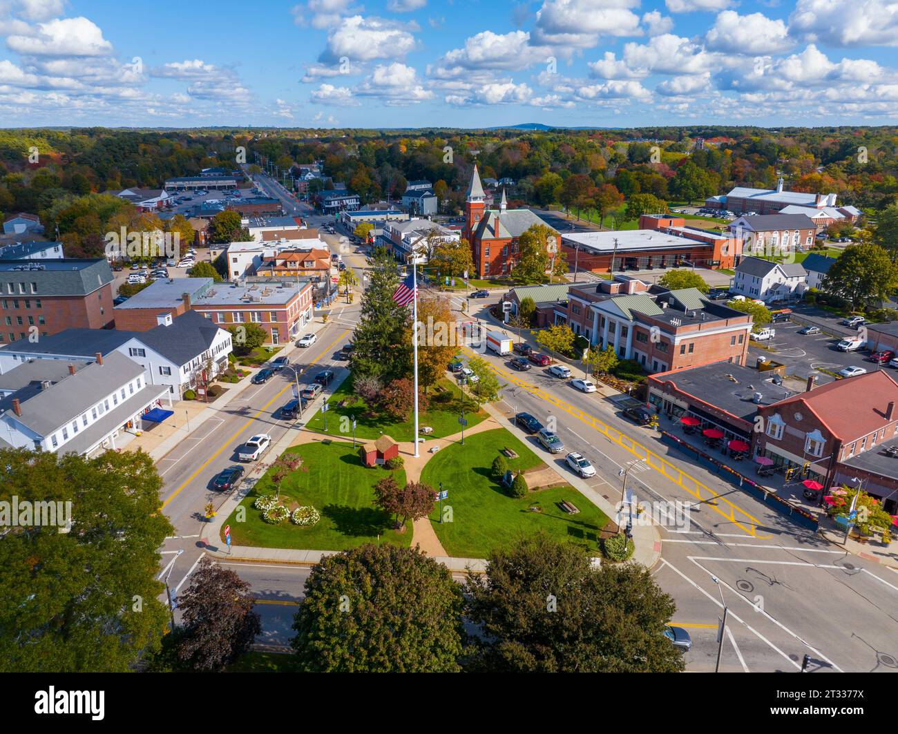 Walpole historic town center aerial view including Old Town Hall and ...