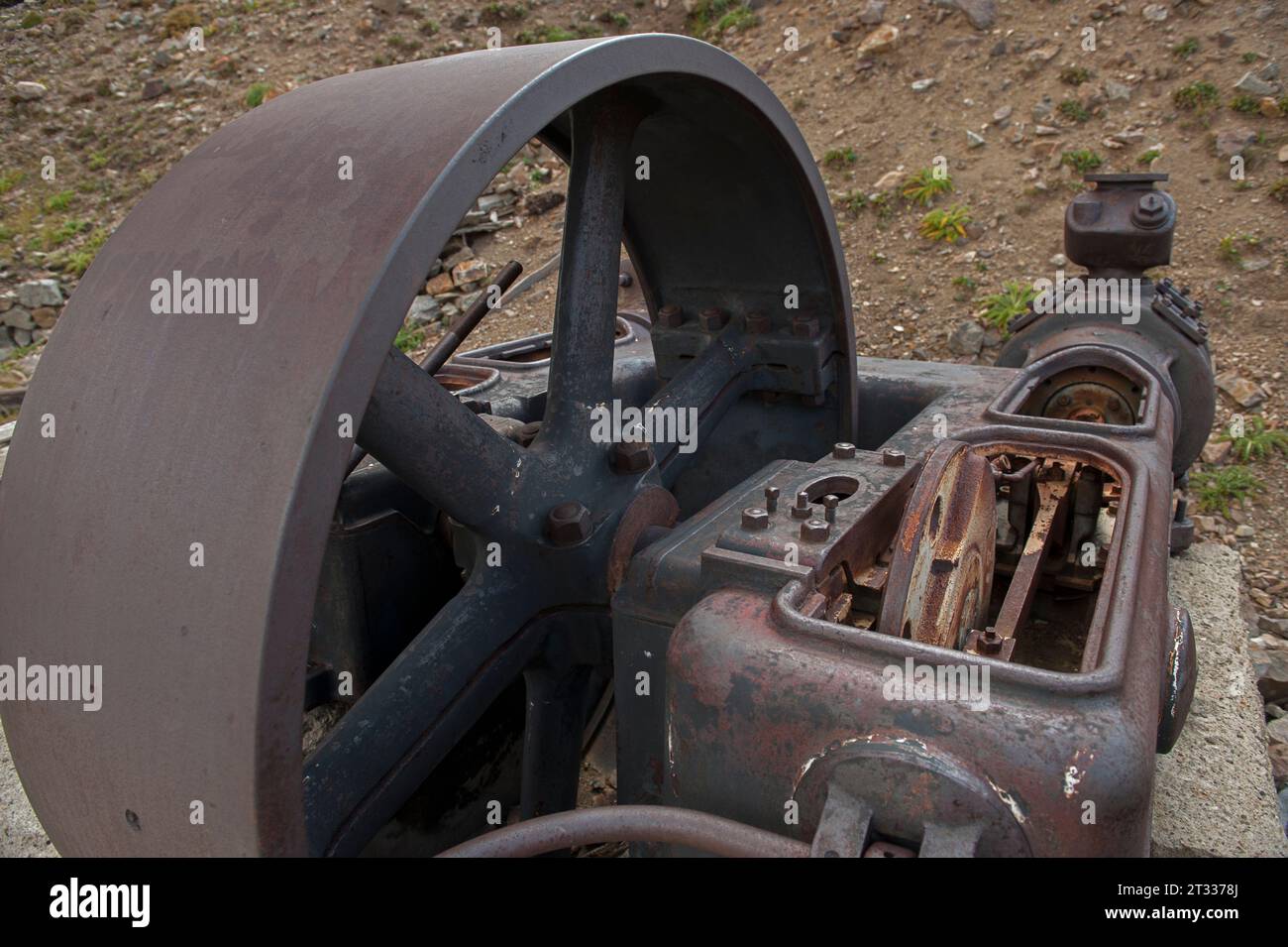 Inside the crankcase of an old air compressor at a mining site in ...