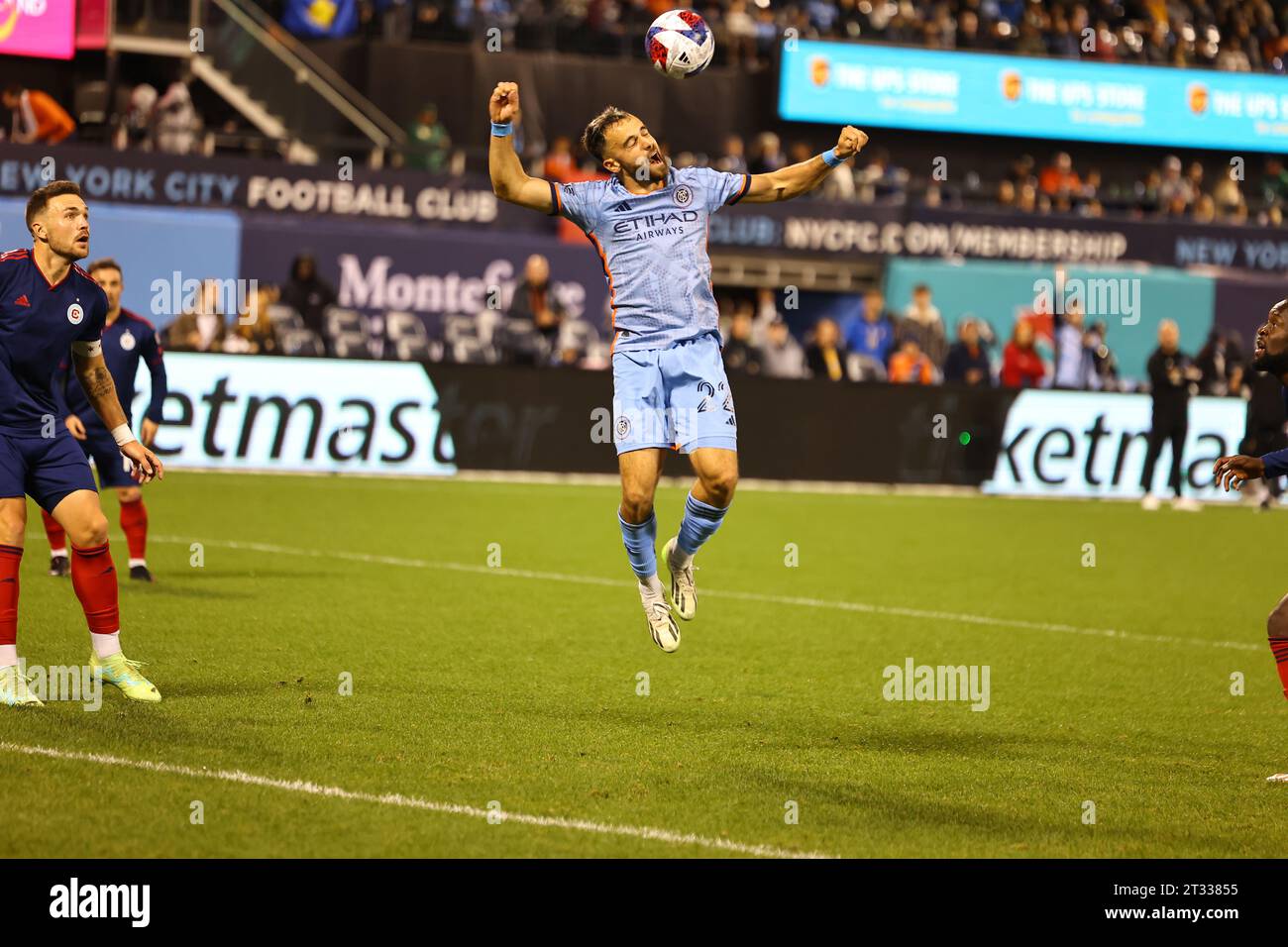 New York City FC forward Kevin O'Toole (22) goes airborne to deflect ...