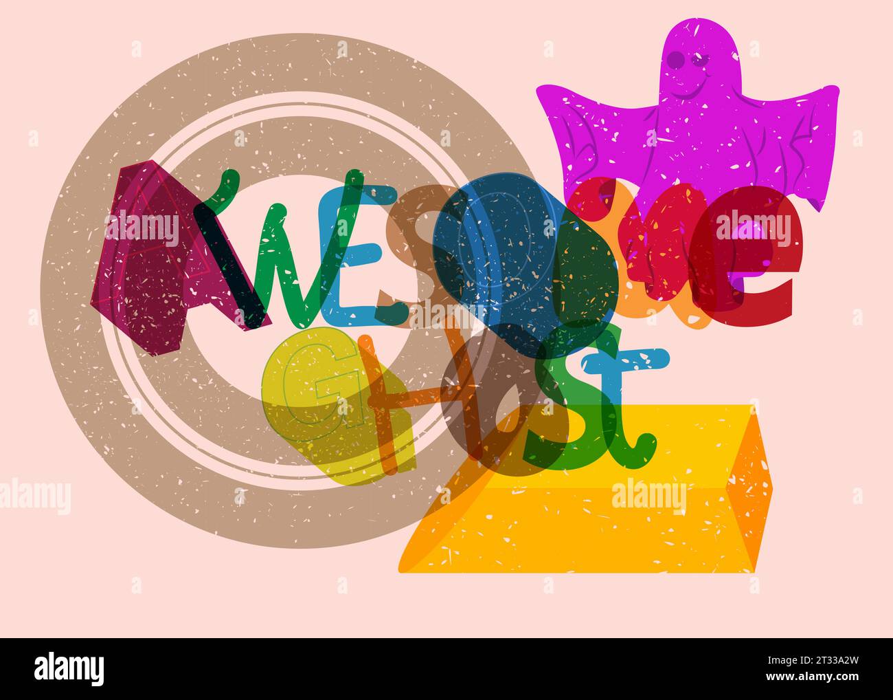 Risograph Awesome Ghost word with geometric shapes. Holiday Halloween ...