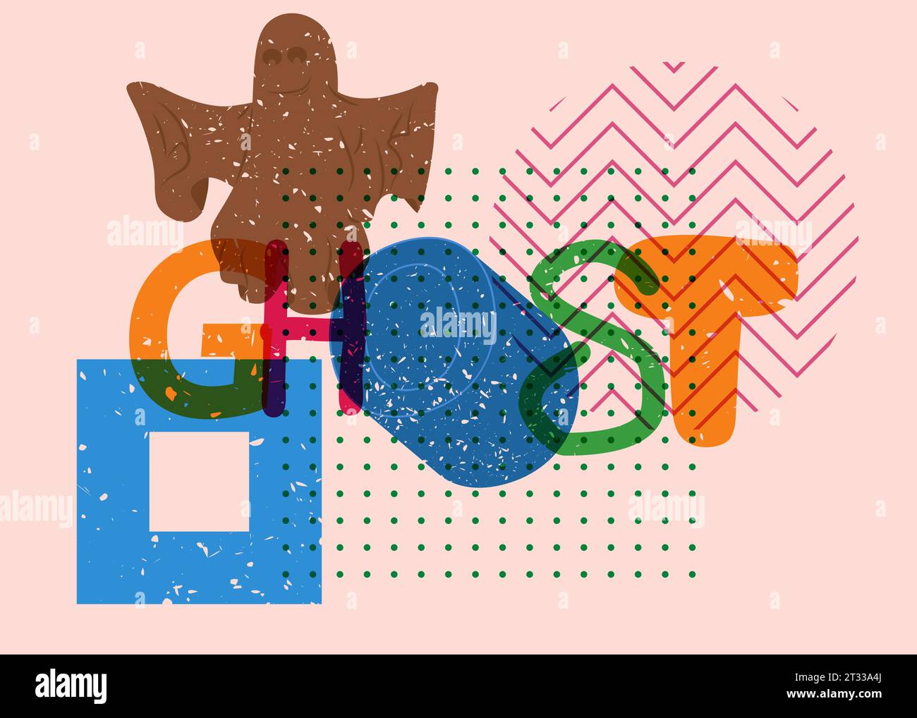 Risograph Ghost word with geometric shapes. Holiday Halloween trendy ...