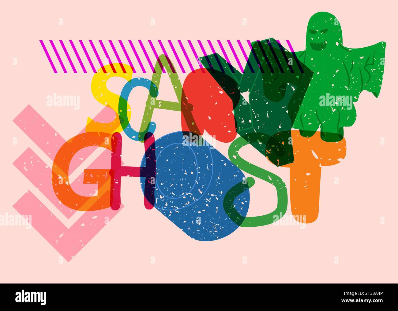 Risograph Scary Ghost word with geometric shapes. Holiday Halloween ...