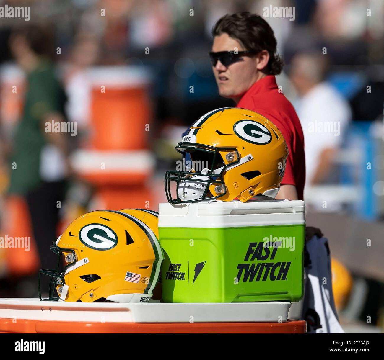 Denver, Colorado, USA. 22nd Oct, 2023. A Packer employee looks on from the bench during the 1st ...