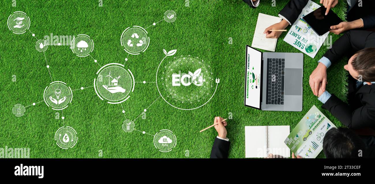 Panorama top view ESG investment project with business leaders in ...