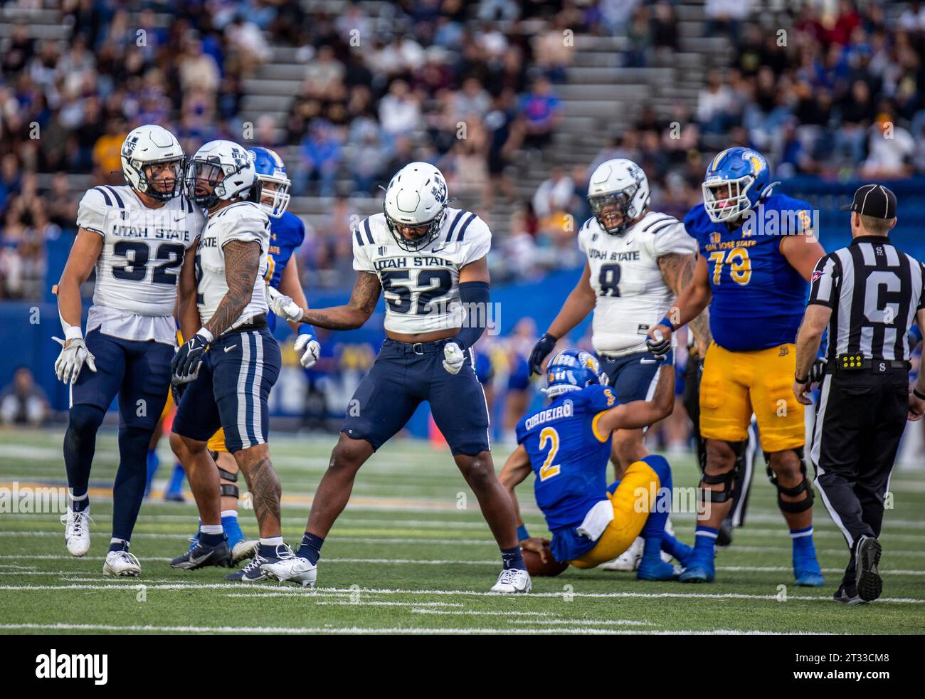 CEFCU Stadium San Jose, CA. 21st Oct, 2023. CA USA Utah State defensive ...