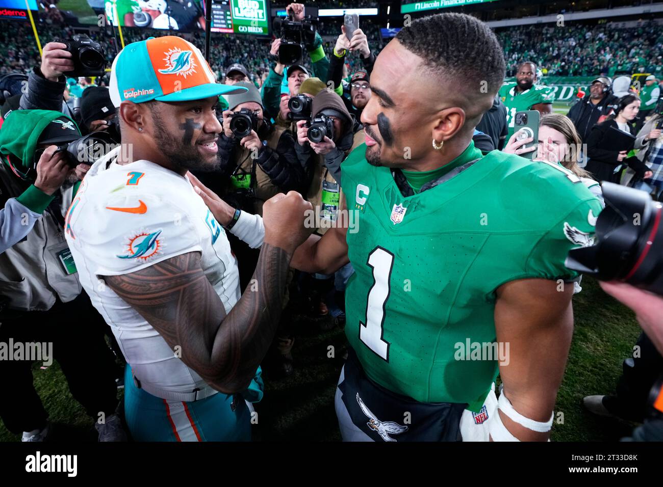 Philadelphia Eagles quarterback Jalen Hurts (1) and Miami Dolphins quarterback Tua Tagovailoa (1 ...