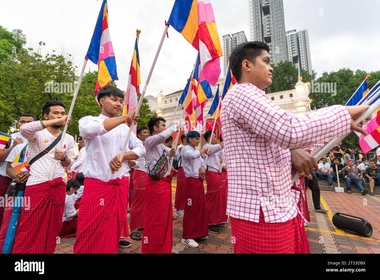 Kuala Lumpur, Malaysia, May 4th 2023: Devotees holding flags inside ...