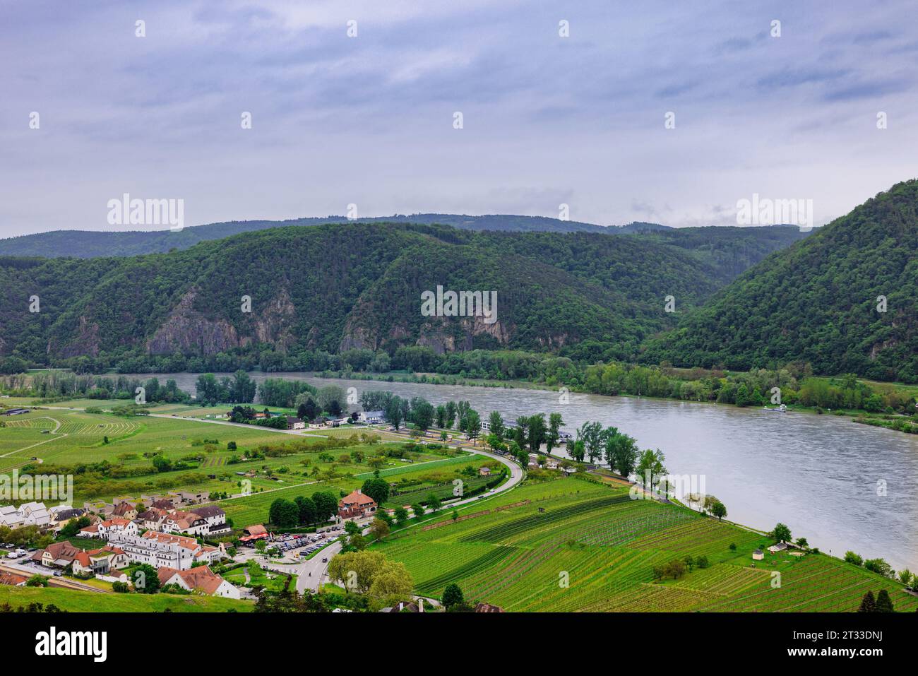 An aerial view of the Wachau Valley in Austria with the region's lush ...