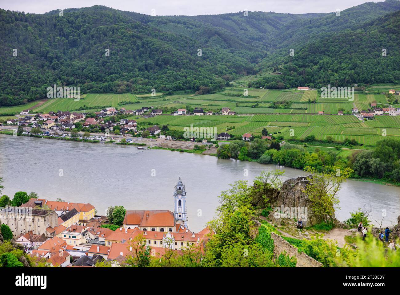 An aerial view of the Wachau Valley in Austria with the region's lush ...