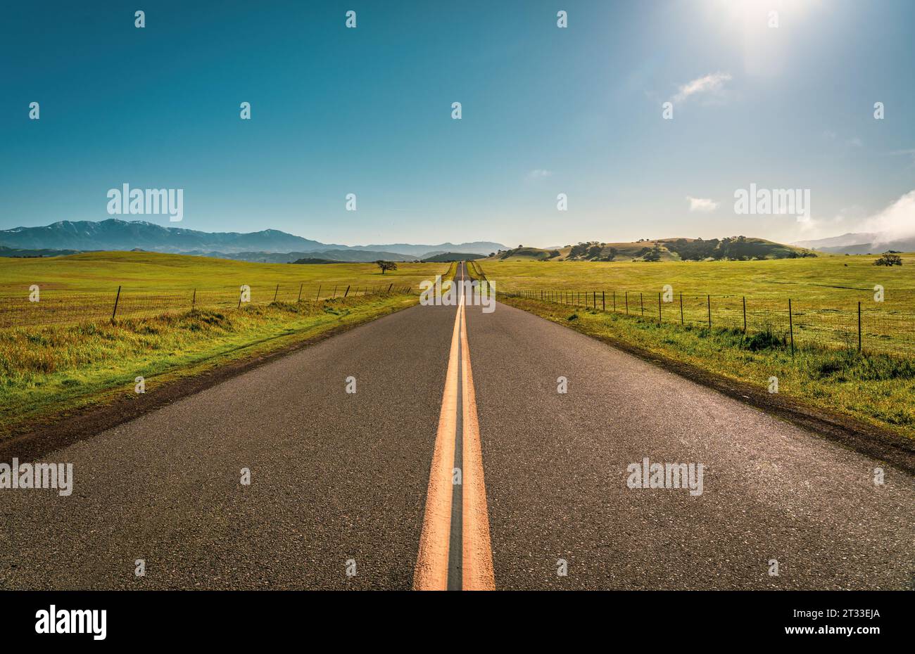 A spectacular view of a long road in Solvang, California, with the ...