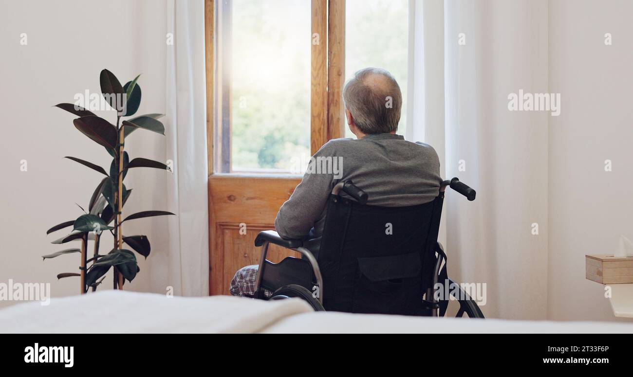Wheelchair, thinking and senior man back in retirement home with mental ...